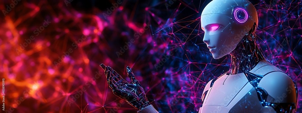 3D humanoid AI robot metaverse cyberspace digital world background, revolution of AI artificial ...