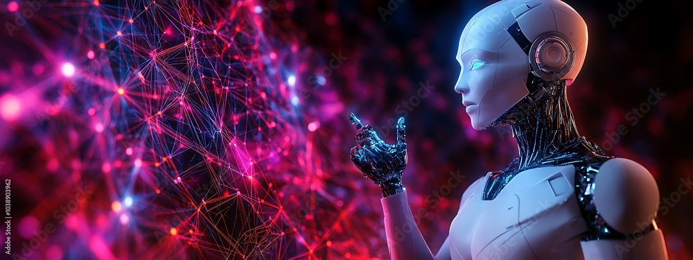 3D humanoid AI robot metaverse cyberspace digital world background ...