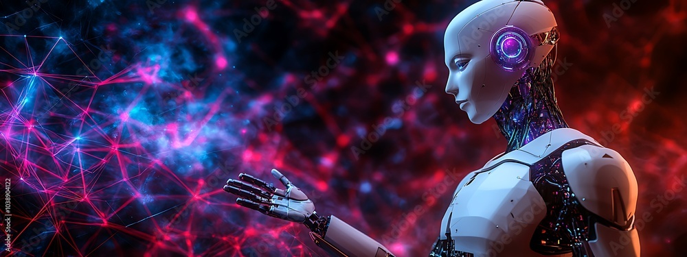 3D humanoid AI robot metaverse cyberspace digital world background ...