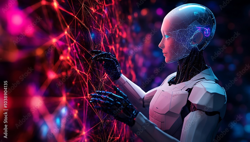 3D humanoid AI robot metaverse cyberspace digital world background, revolution of AI artificial ...