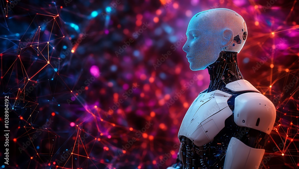3D humanoid AI robot metaverse cyberspace digital world background, revolution of AI artificial ...