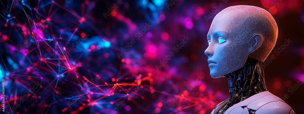 3D humanoid AI robot metaverse cyberspace digital world background, revolution of AI artificial ...