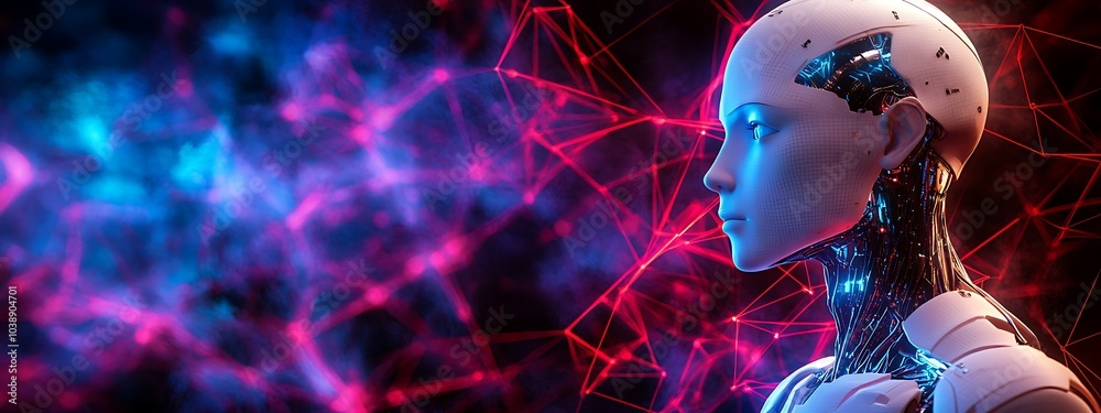 3D humanoid AI robot metaverse cyberspace digital world background ...