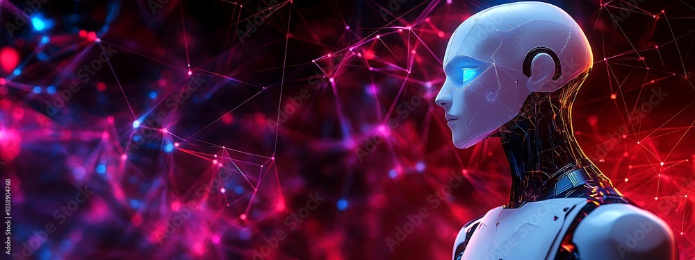 3D humanoid AI robot metaverse cyberspace digital world background ...