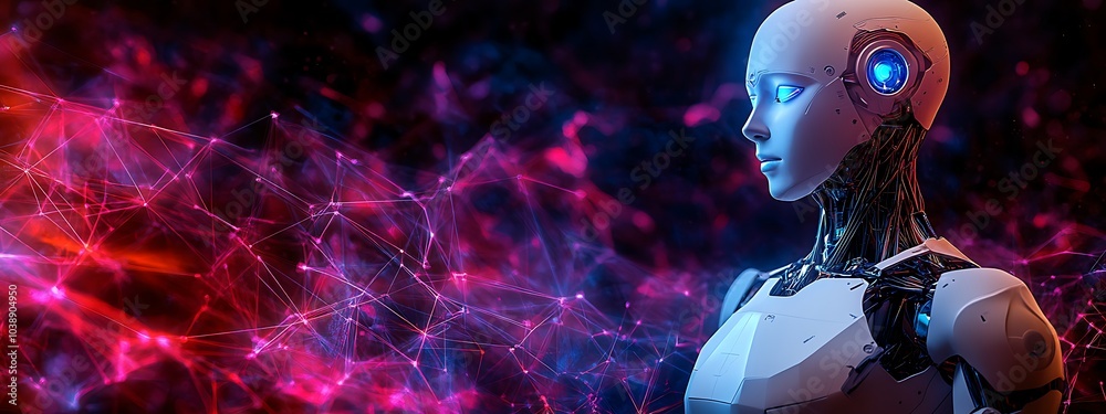 3D humanoid AI robot metaverse cyberspace digital world background ...
