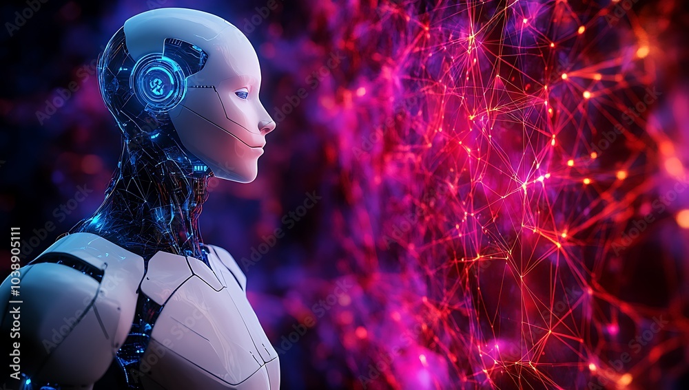 3D humanoid AI robot metaverse cyberspace digital world background ...