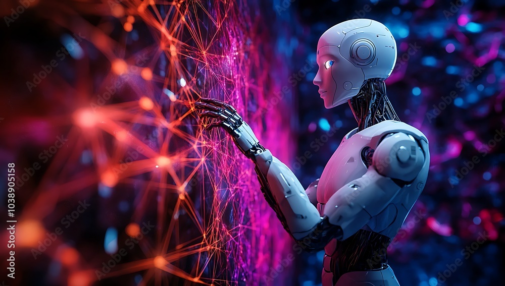 3D humanoid AI robot metaverse cyberspace digital world background, revolution of AI artificial ...