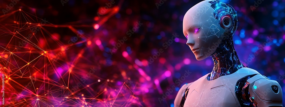 3D humanoid AI robot metaverse cyberspace digital world background ...
