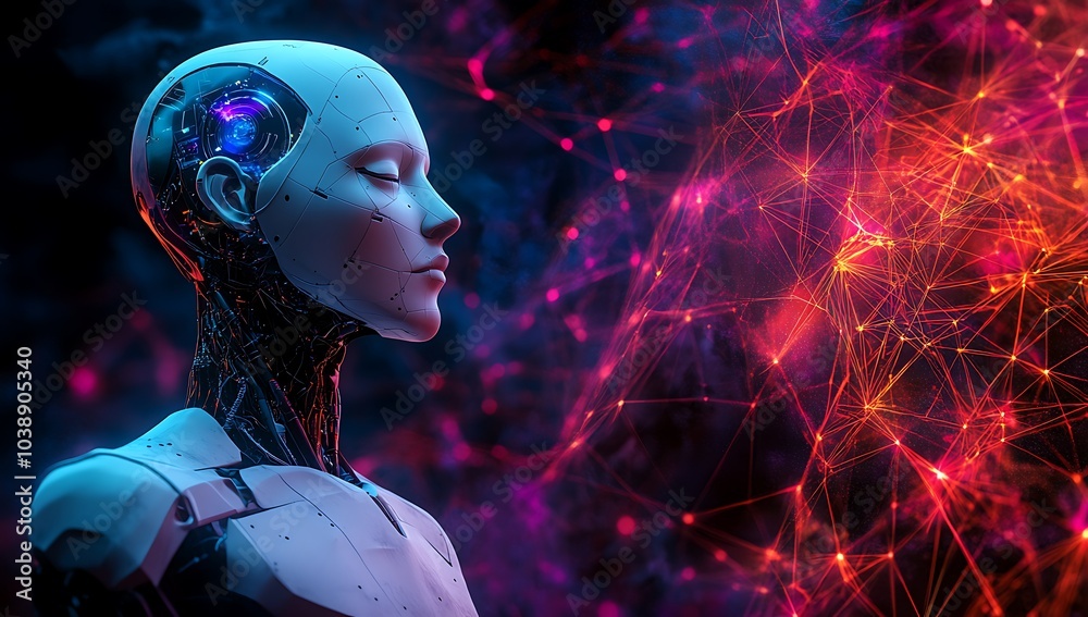 3D humanoid AI robot metaverse cyberspace digital world background, revolution of AI artificial ...