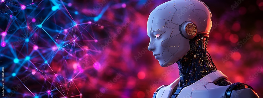 3D humanoid AI robot metaverse cyberspace digital world background ...