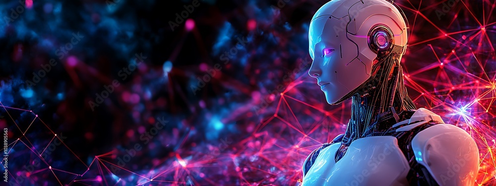 3D humanoid AI robot metaverse cyberspace digital world background ...