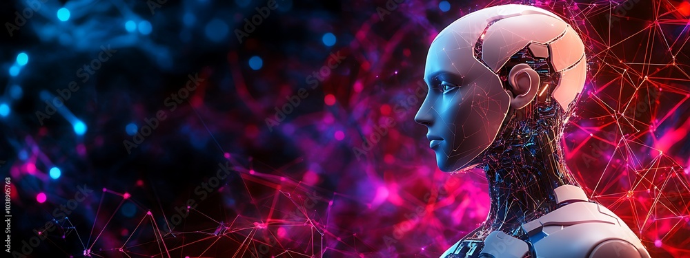 3D humanoid AI robot metaverse cyberspace digital world background ...