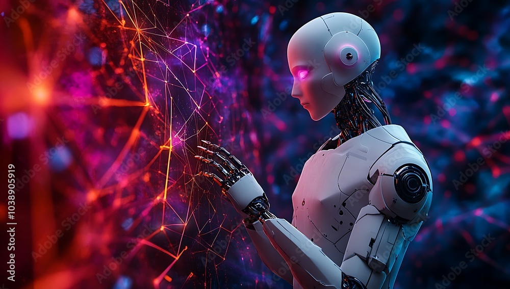 3D humanoid AI robot metaverse cyberspace digital world background ...