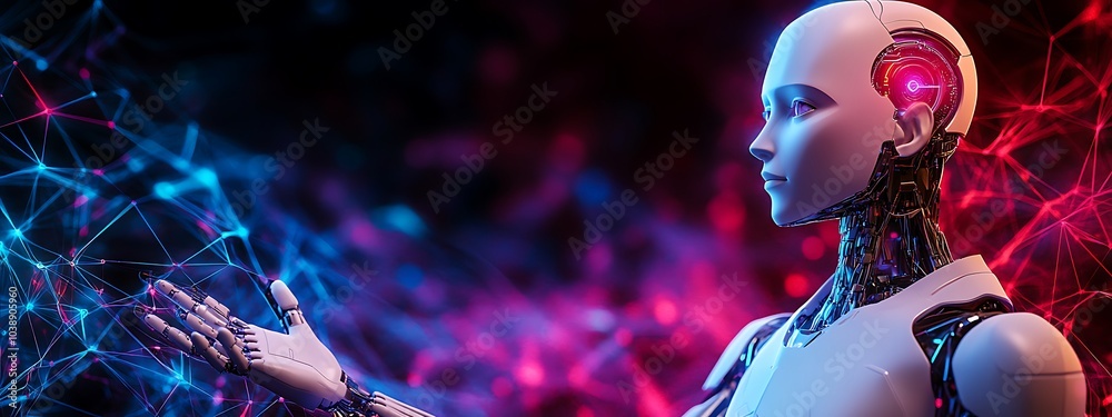 3D humanoid AI robot metaverse cyberspace digital world background ...
