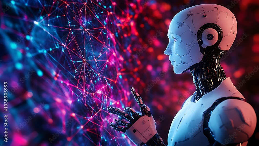 3D humanoid AI robot metaverse cyberspace digital world background ...