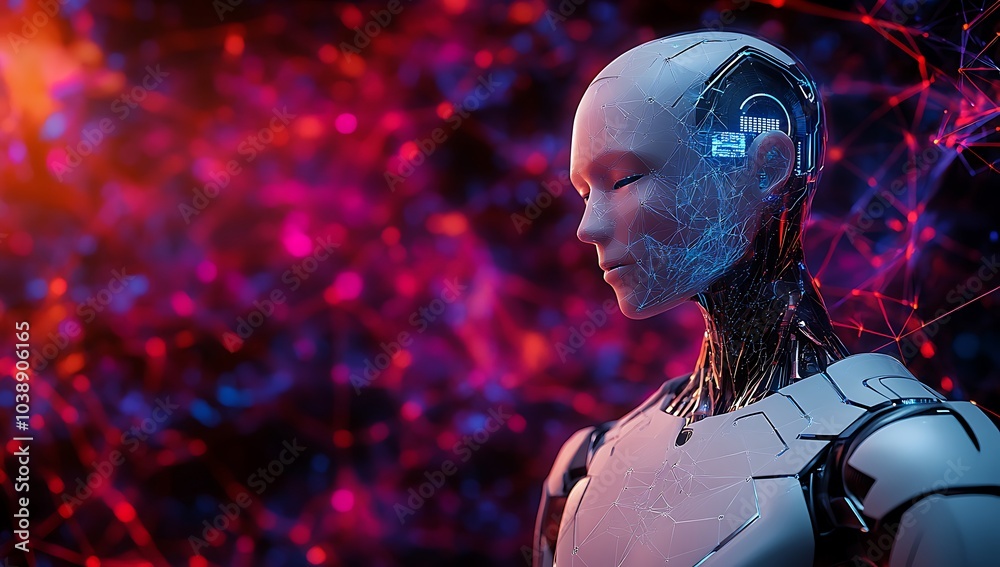 3D humanoid AI robot metaverse cyberspace digital world background ...
