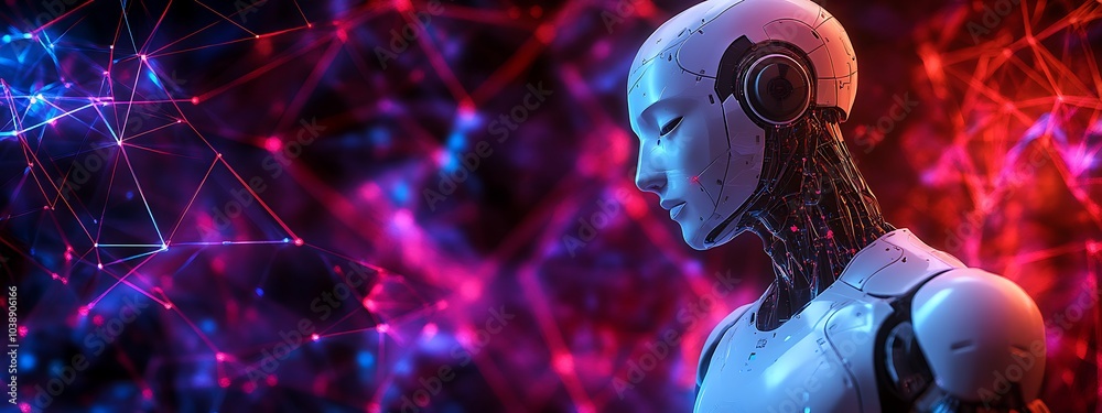 3D humanoid AI robot metaverse cyberspace digital world background ...