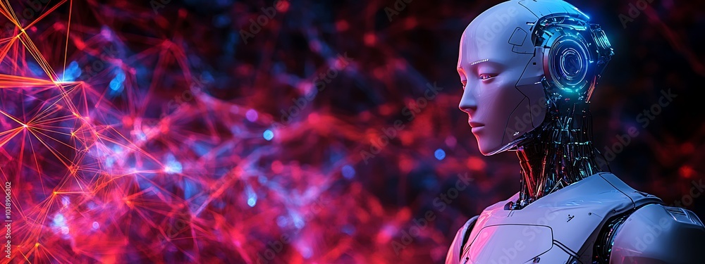 3D humanoid AI robot metaverse cyberspace digital world background ...