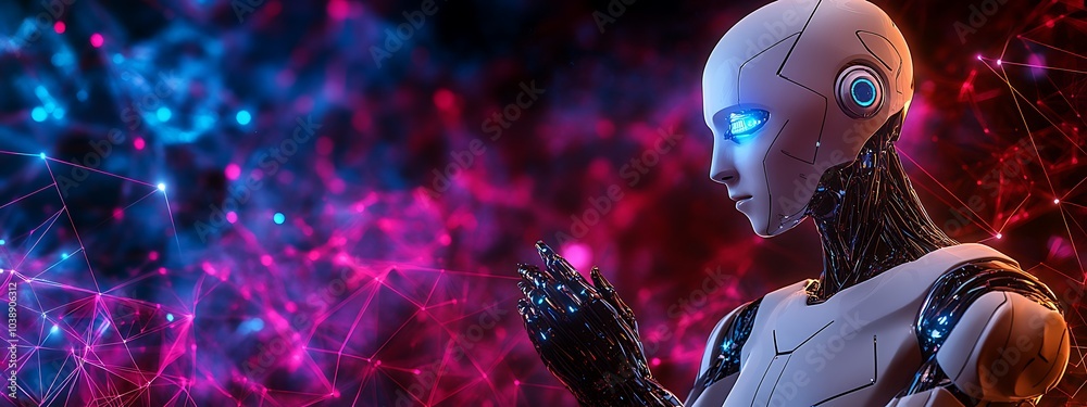 3D humanoid AI robot metaverse cyberspace digital world background ...