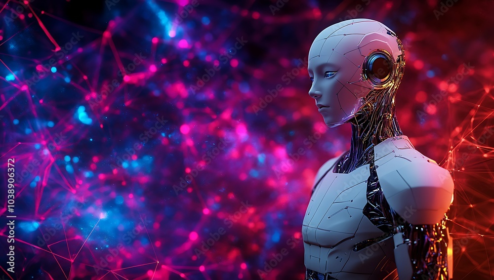 3D humanoid AI robot metaverse cyberspace digital world background ...