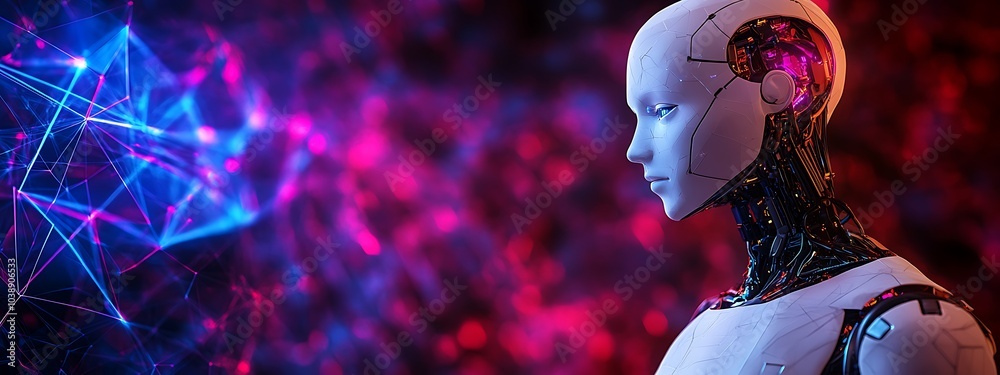 3D humanoid AI robot metaverse cyberspace digital world background ...