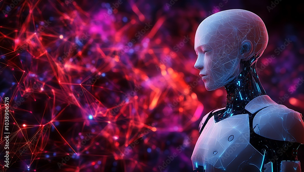 3D humanoid AI robot metaverse cyberspace digital world background, revolution of AI artificial ...