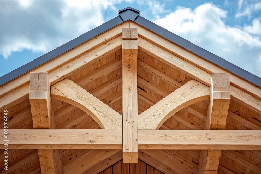 Typical timber frame structure focusing on roof trusses Stock Photo ...