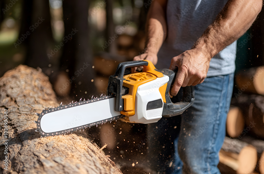 Man Using an Electric Chainsaw to Cut Down Large Trees: Demonstrating ...