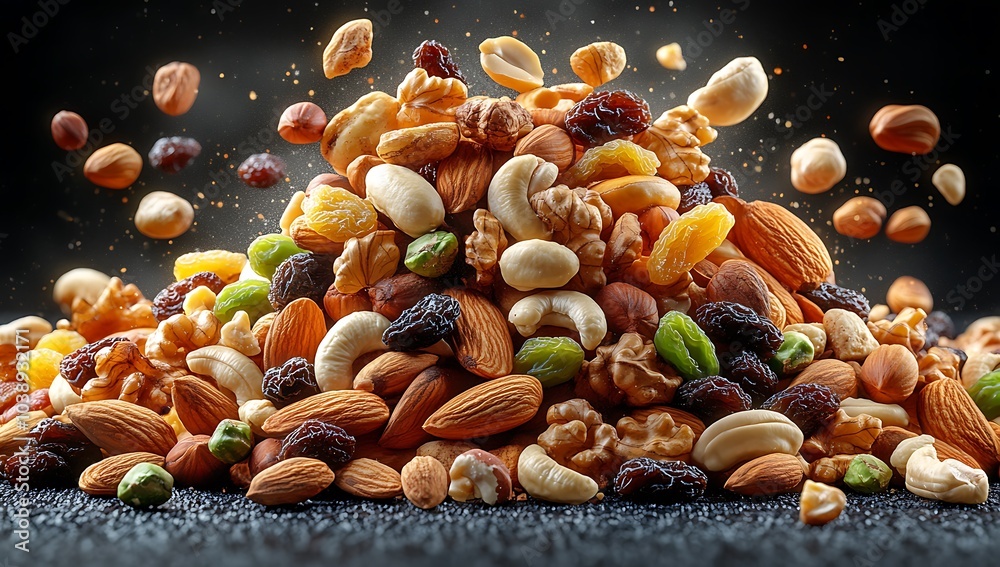 Dry fruits and mixed nuts levitating in mid-air healthy snack, almonds ...