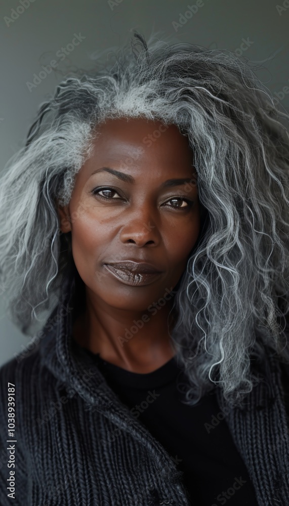 Empowering portrait of a mature black woman with flowing gray hair ...
