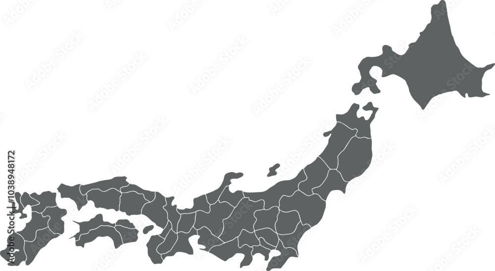 Grey Map of Japan with Prefecture Boundaries Vector Illustration Stock ...