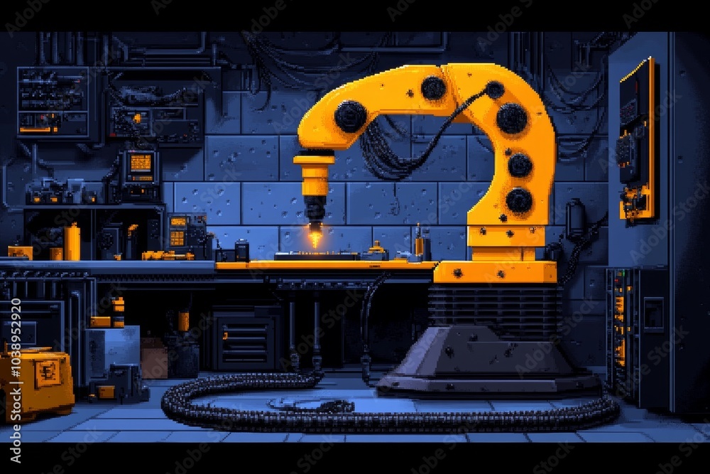 Pixel art factory, with 8-bit machinery, robotic arms, and conveyor ...