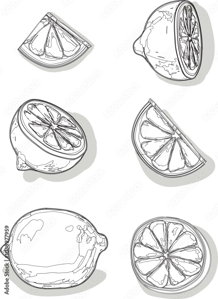 Set of lemon citrus fruit in different cuts slice moon shape and ...