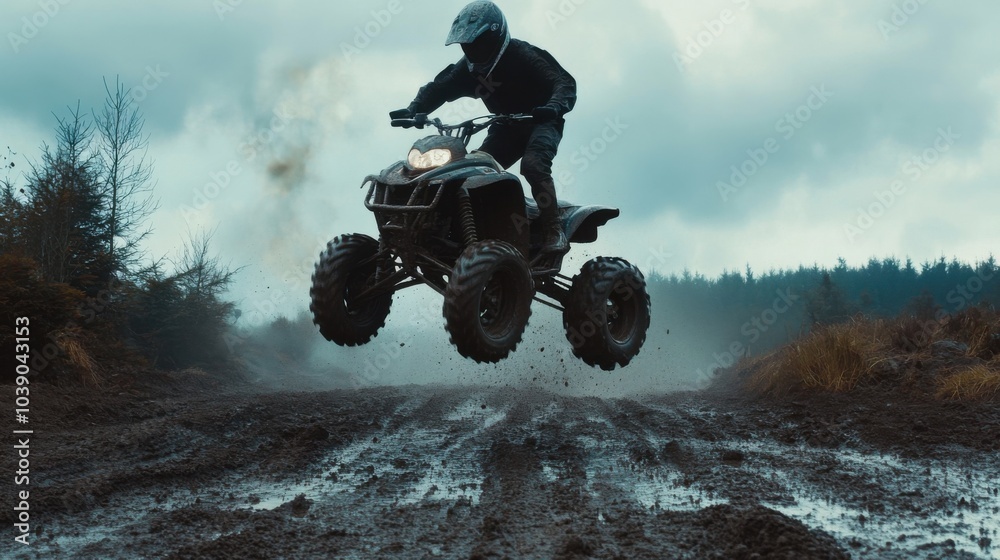Quad bike making a thrilling jump on muddy off-road track Stock ...