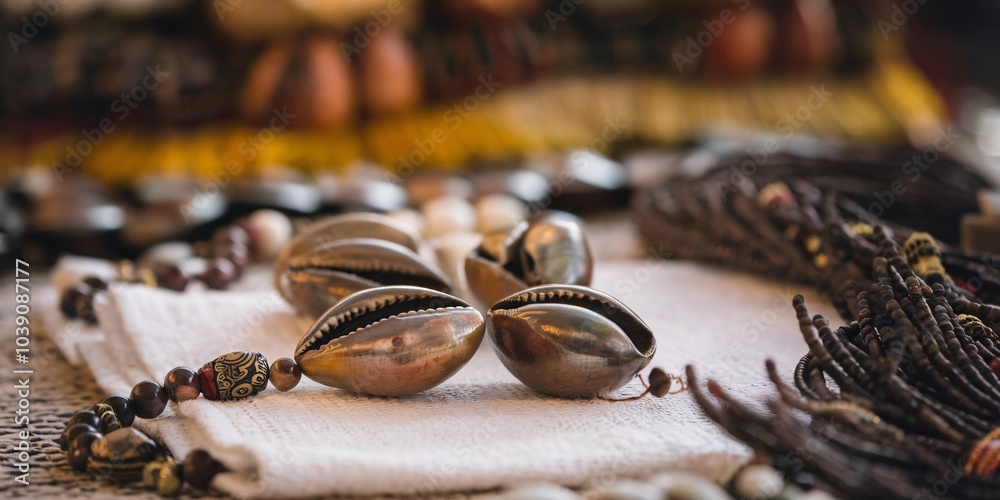 Ouidah Voodoo Ceremony. A close-up of ritual items, including cowrie ...