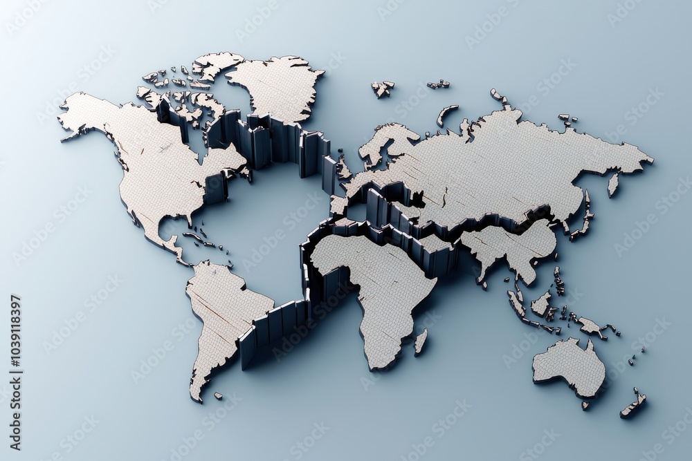 3D map of the world with depth and shadows on a smooth blue background ...
