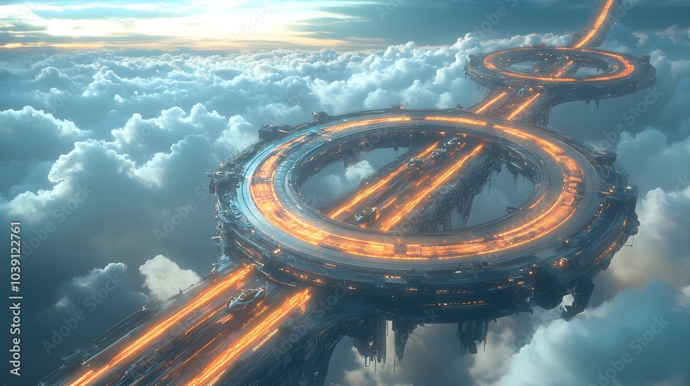 Futuristic racing hovercrafts on a circular track suspended above the ...