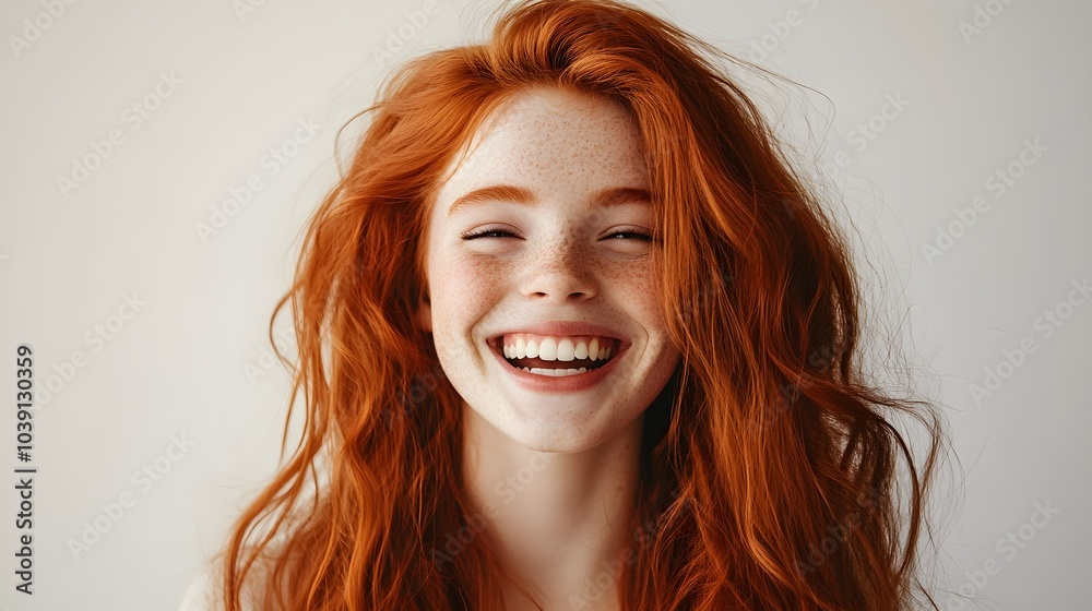 Happy red headed woman portrait mockup. Stock Photo | Adobe Stock