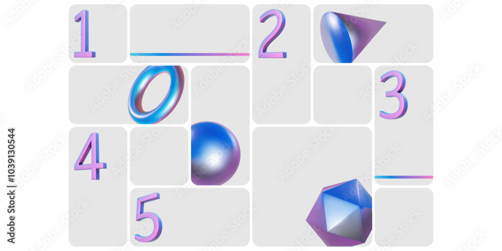 Dashboard grid template. 3d metal sphere ball render, hologram cube ...