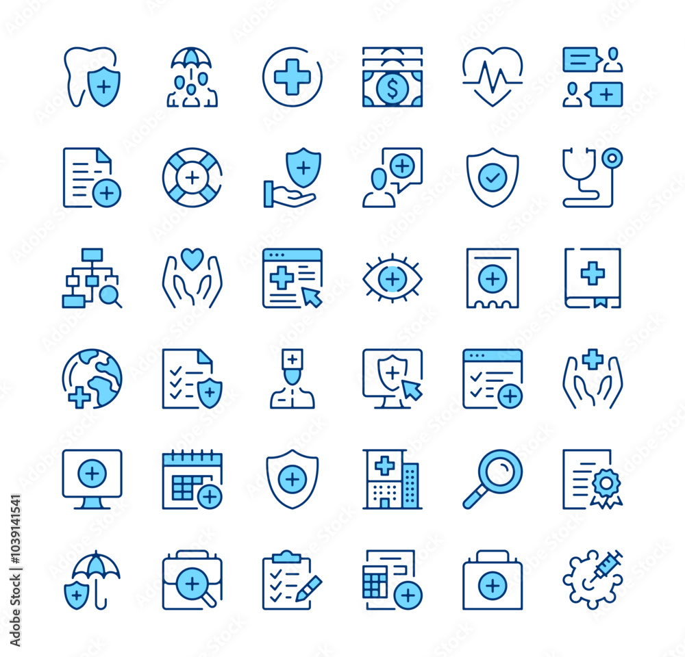 Health insurance icons. Outline symbols. Vector blue line icons set ...