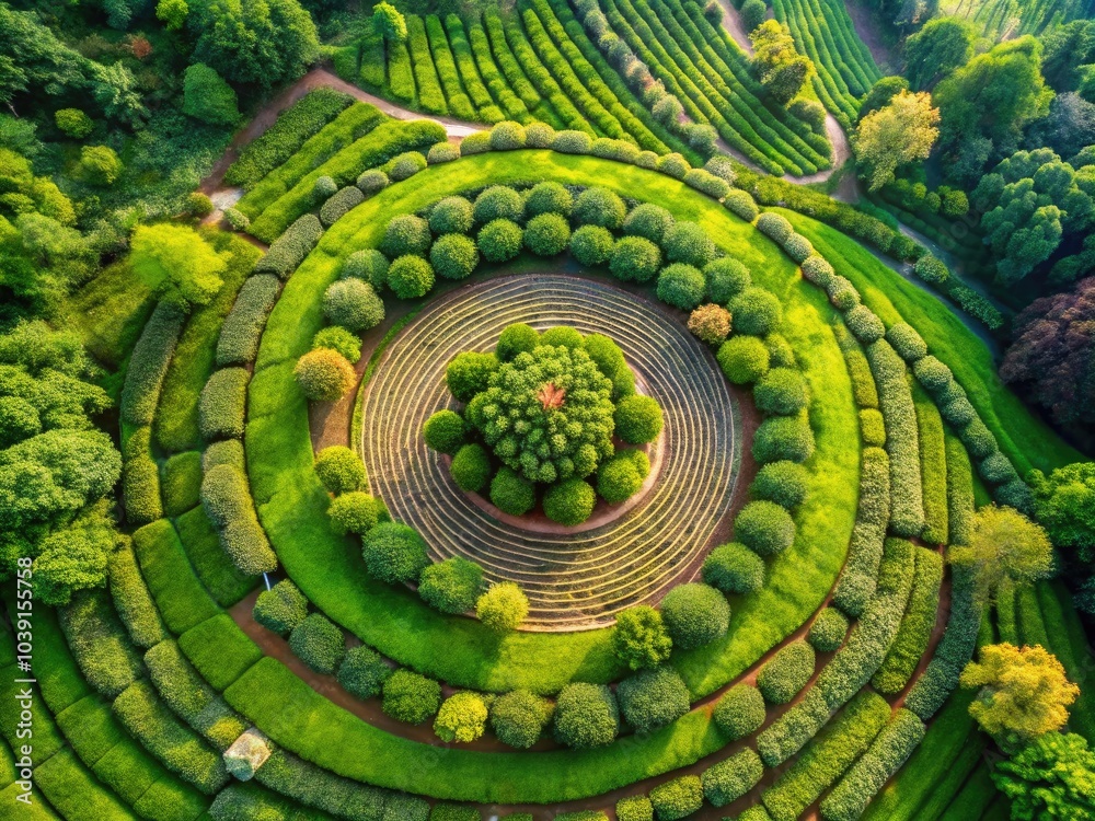 Aerial perspective of a circular plantation, embraced by lush greenery ...