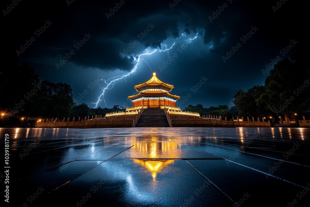 Temple of Heaven at night under a stormy sky, with flashes of lightning ...