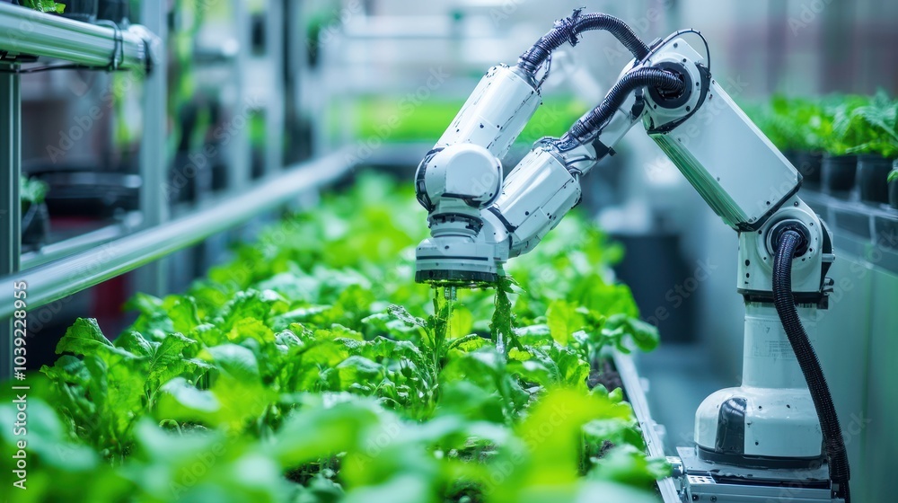 A futuristic farm where robots equipped with AI monitor crop growth ...