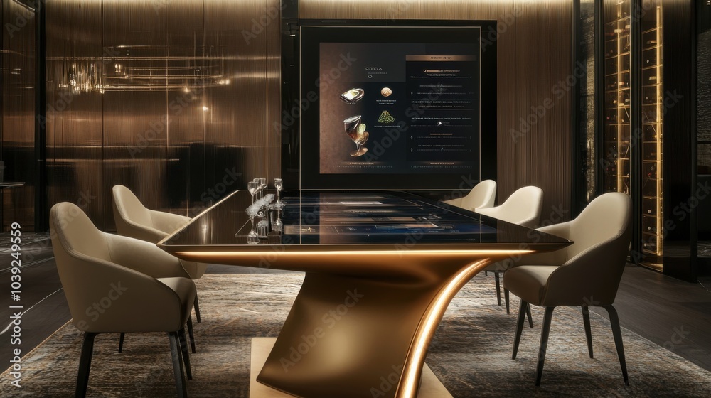 An elegant dining room with a smart dining table that displays menu ...