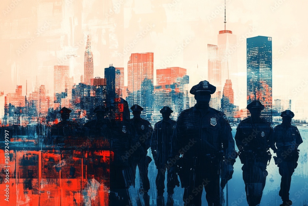 abstract illustration of American law enforcement featuring a city ...