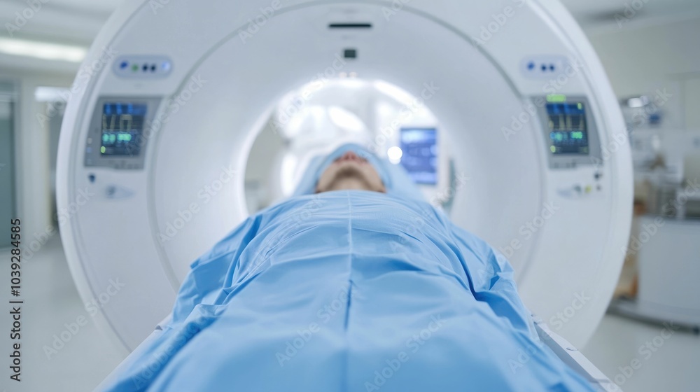Patient Lying Motionless on CT Scan Device as Radiologist Carefully ...