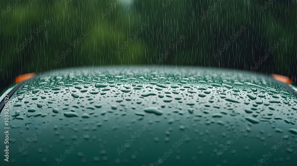 Shimmering rain droplets cascading down a car hood reflecting the soft ...