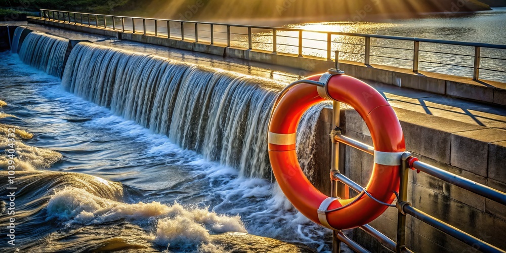 Emergency Equipment at a Weir with Lifebuoy in Low Light Conditions ...