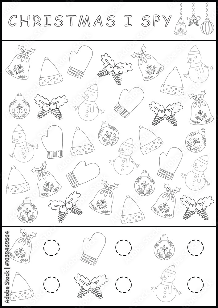 Christmas winter printable worksheet in black and white. I spy game ...