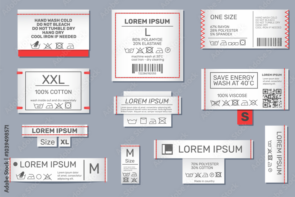 Laundry information textile labels. Clothes care instructions tags ...